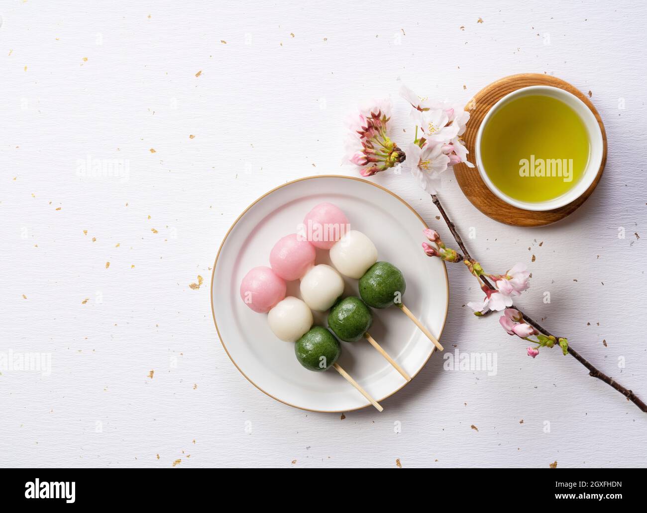 Sanshoku dango and green tea. The image of spring in Japan. View from ...