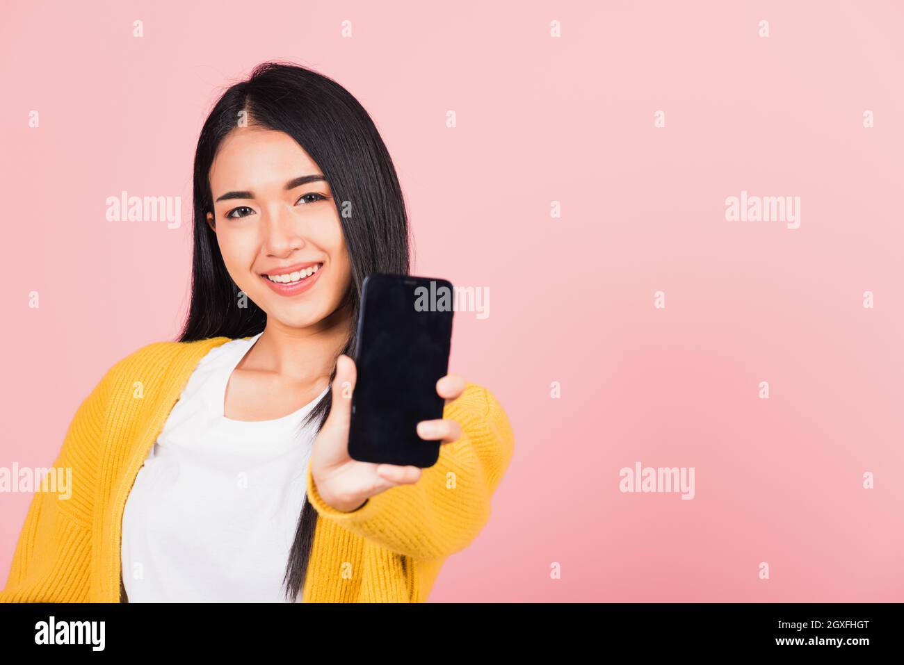 Happy Asian portrait beautiful cute young woman teen smiling excited ...