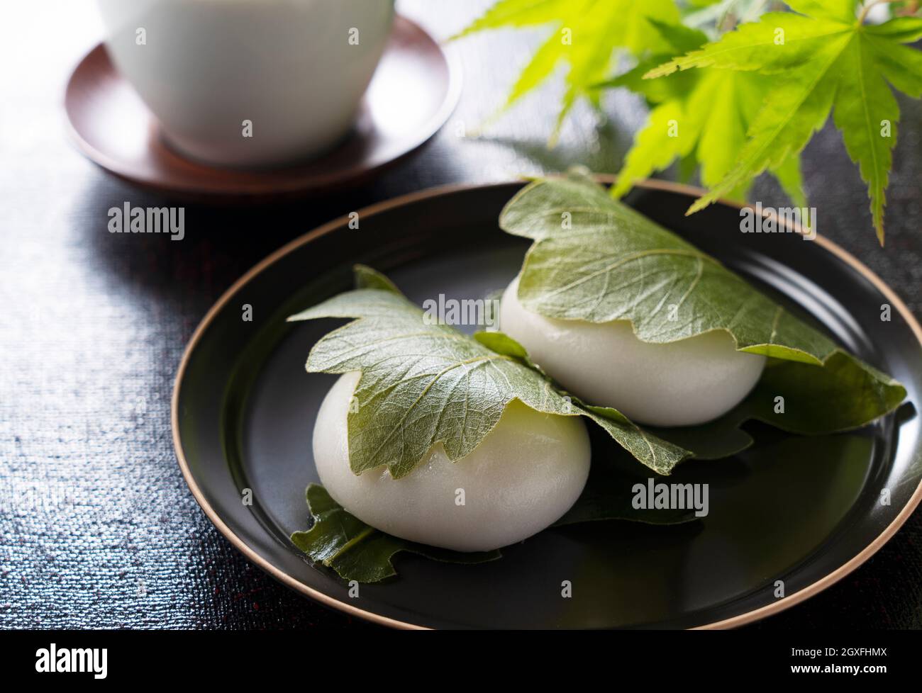 Kashiwa-mochi rice cake placed on a black background. Kashiwa Mochi is ...