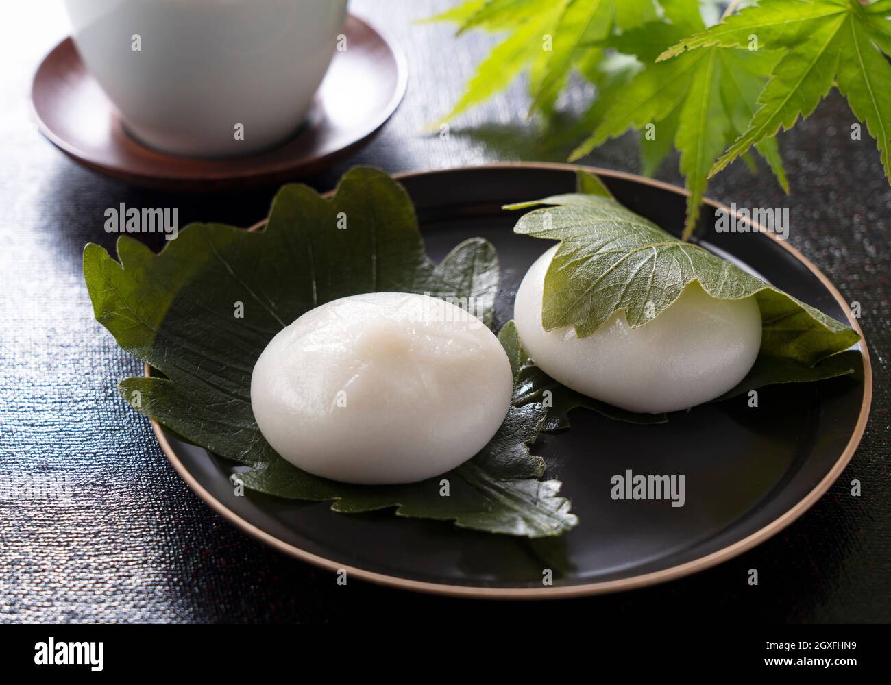 Kashiwa-mochi rice cake placed on a black background. Kashiwa Mochi is ...