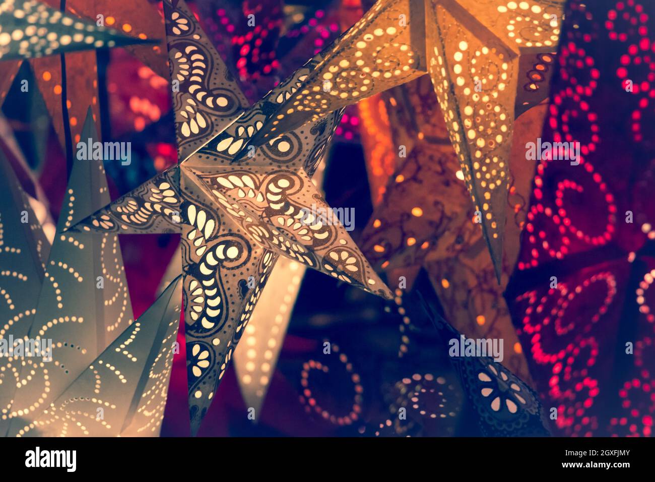 Beautiful shiny star mood lamp in merry advent decoration. Traditional ...