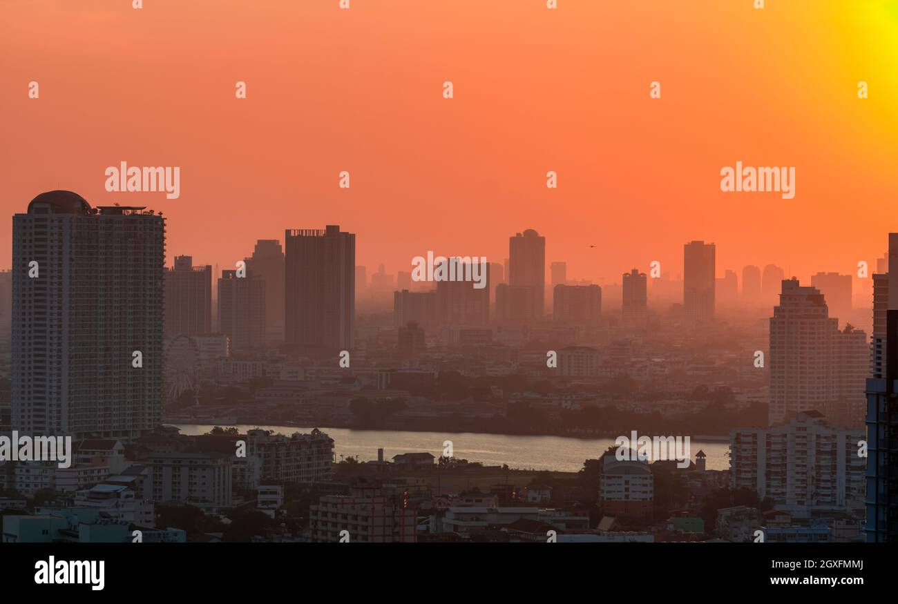 Cityscape with polluted air. Air pollution. Smog and fine dust covered ...