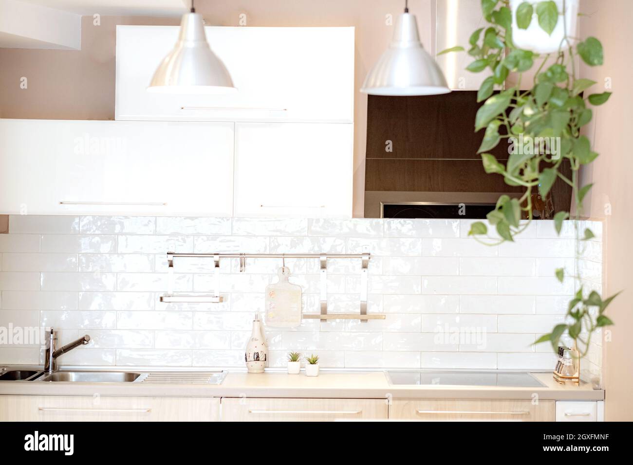 View of a modern white kitchen interior horizontal orientation Stock ...