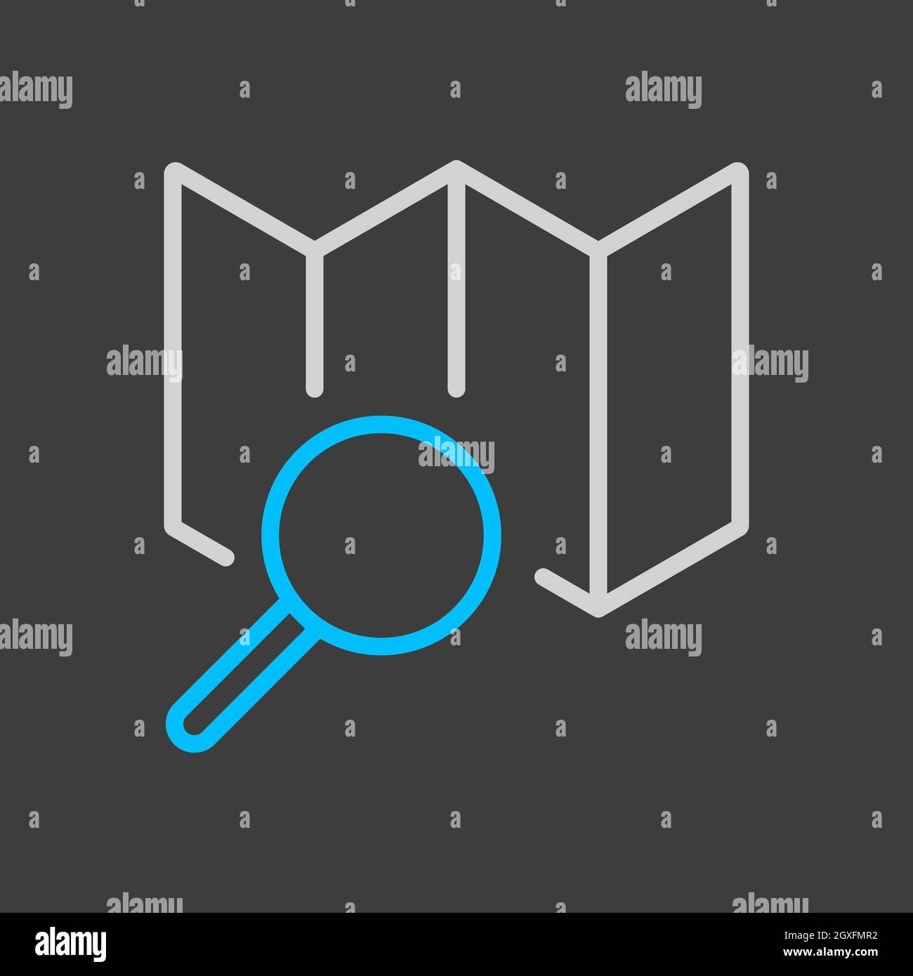 Map with magnifier vector icon on dark background. Navigation sign ...