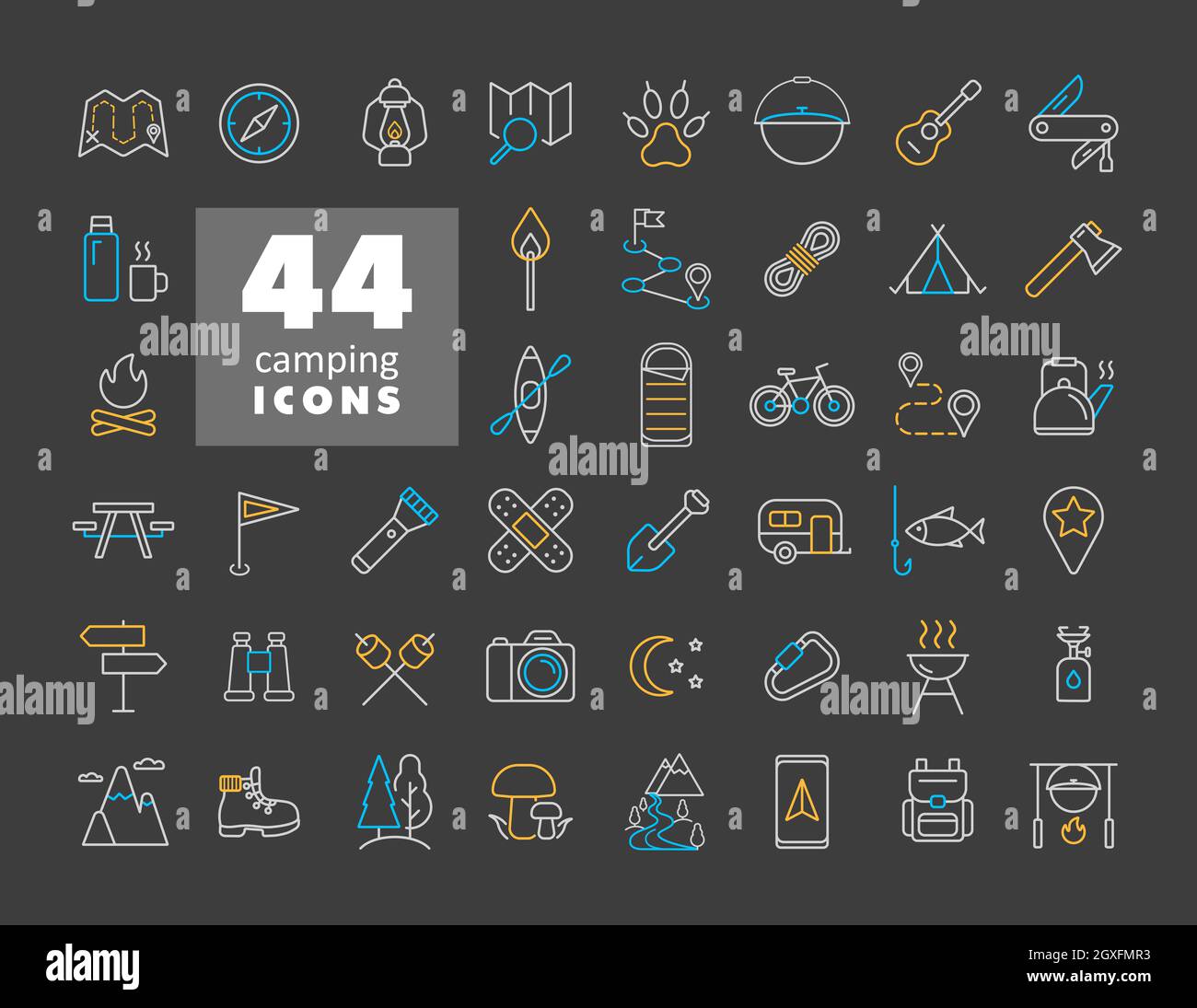 Camping, Hiking, Nature and Outdoor Activities icons set on dark ...