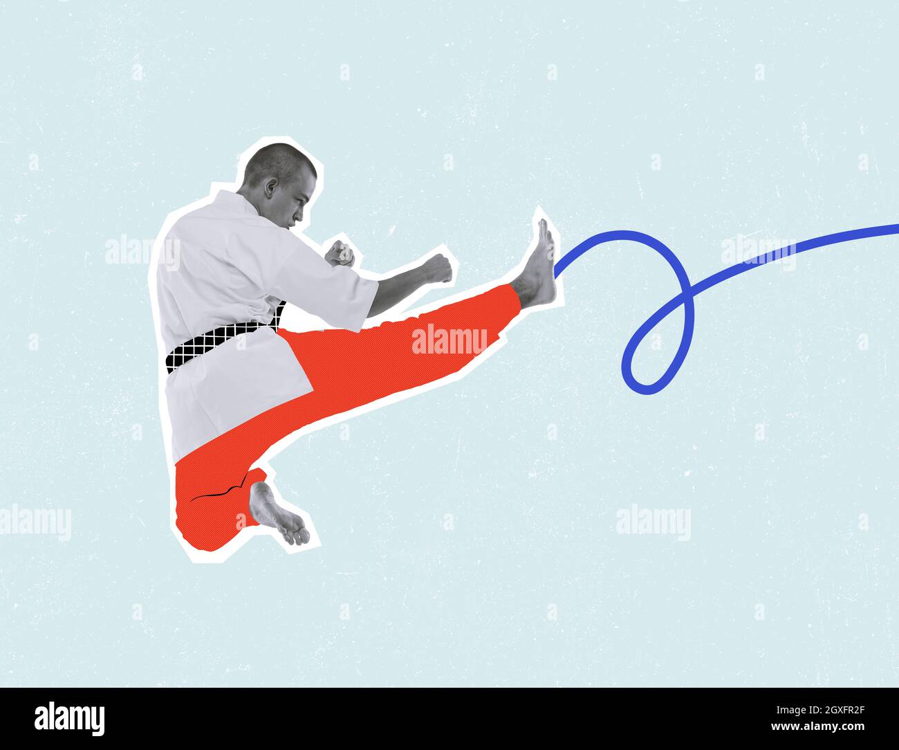 Creative artwork, design of young male karate, judo sportsman training ...