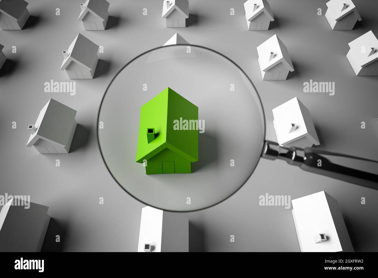 3D Rendering magnifying glass to zoom in on a model of a house Stock ...