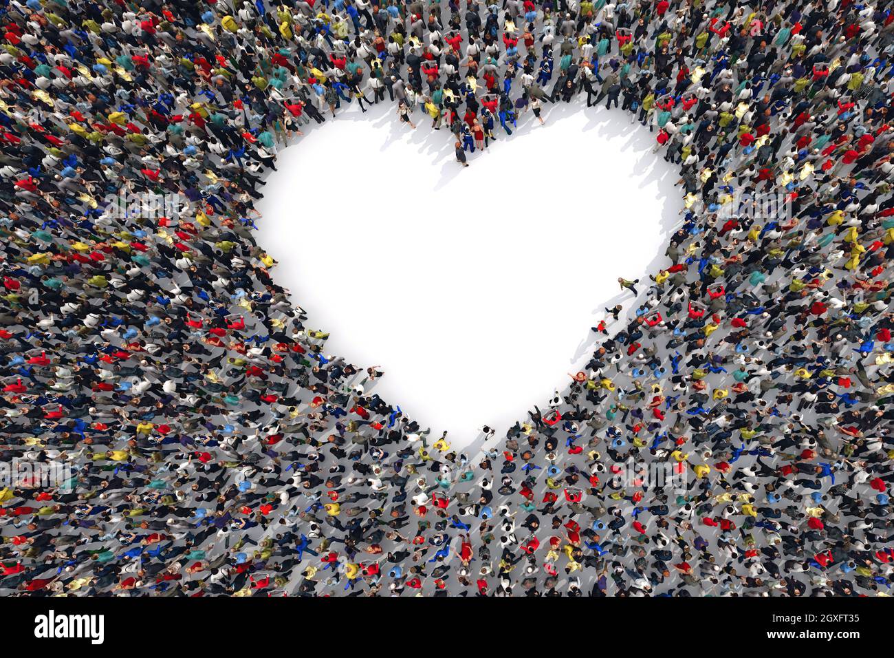 3D Rendering crowd of people that form the heart symbol of love Stock ...