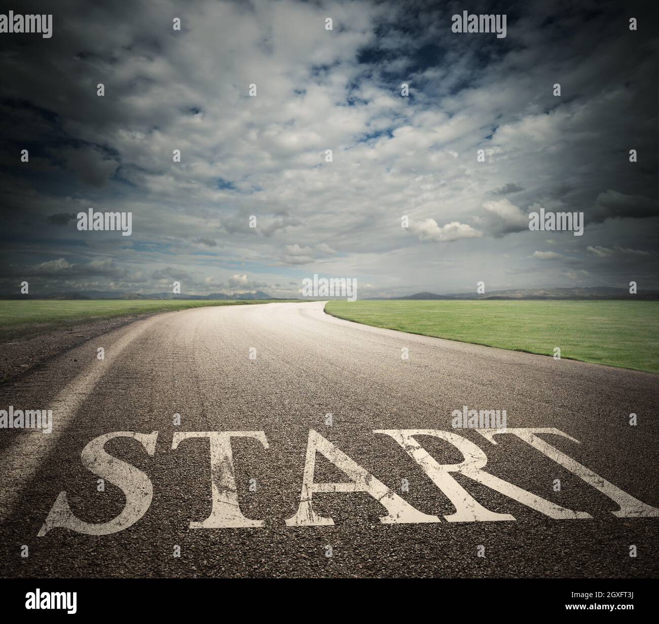 Word start written on asphalt road with field landscape Stock Photo - Alamy