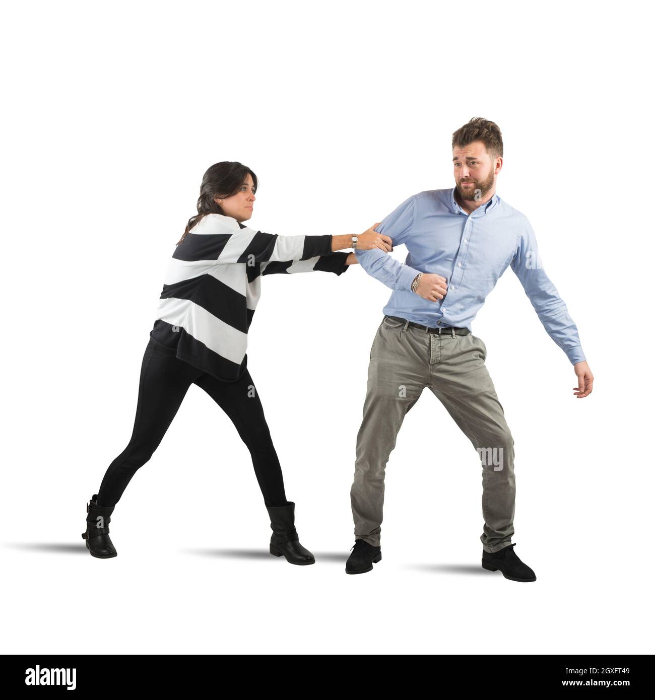 Sad woman pulls a man who wants to escape Stock Photo - Alamy