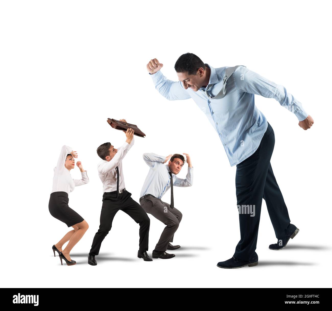 Big boss threat and intimidating little employees Stock Photo - Alamy