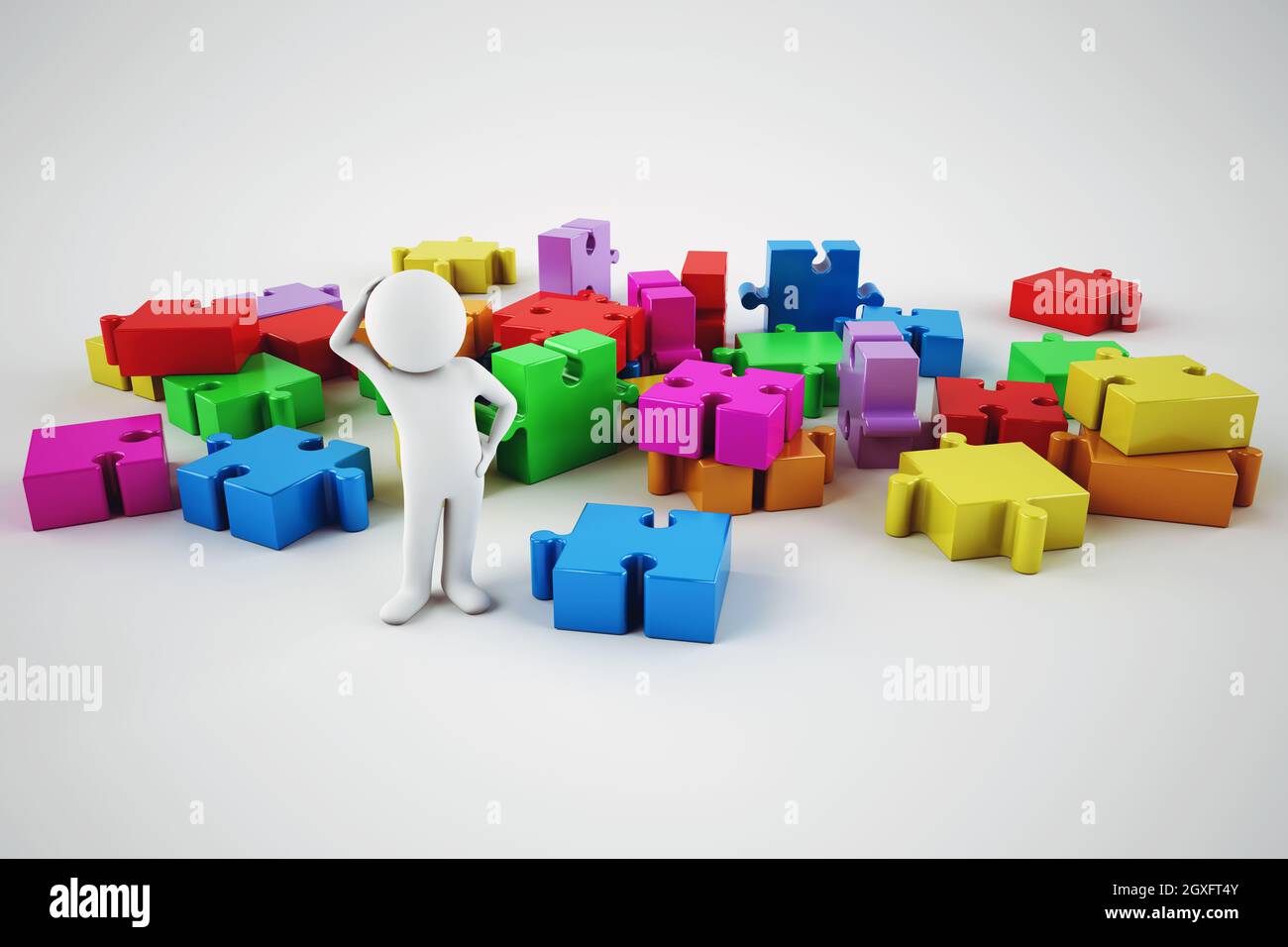 Confused white cartoon man try to build a company. 3D rendering Stock ...