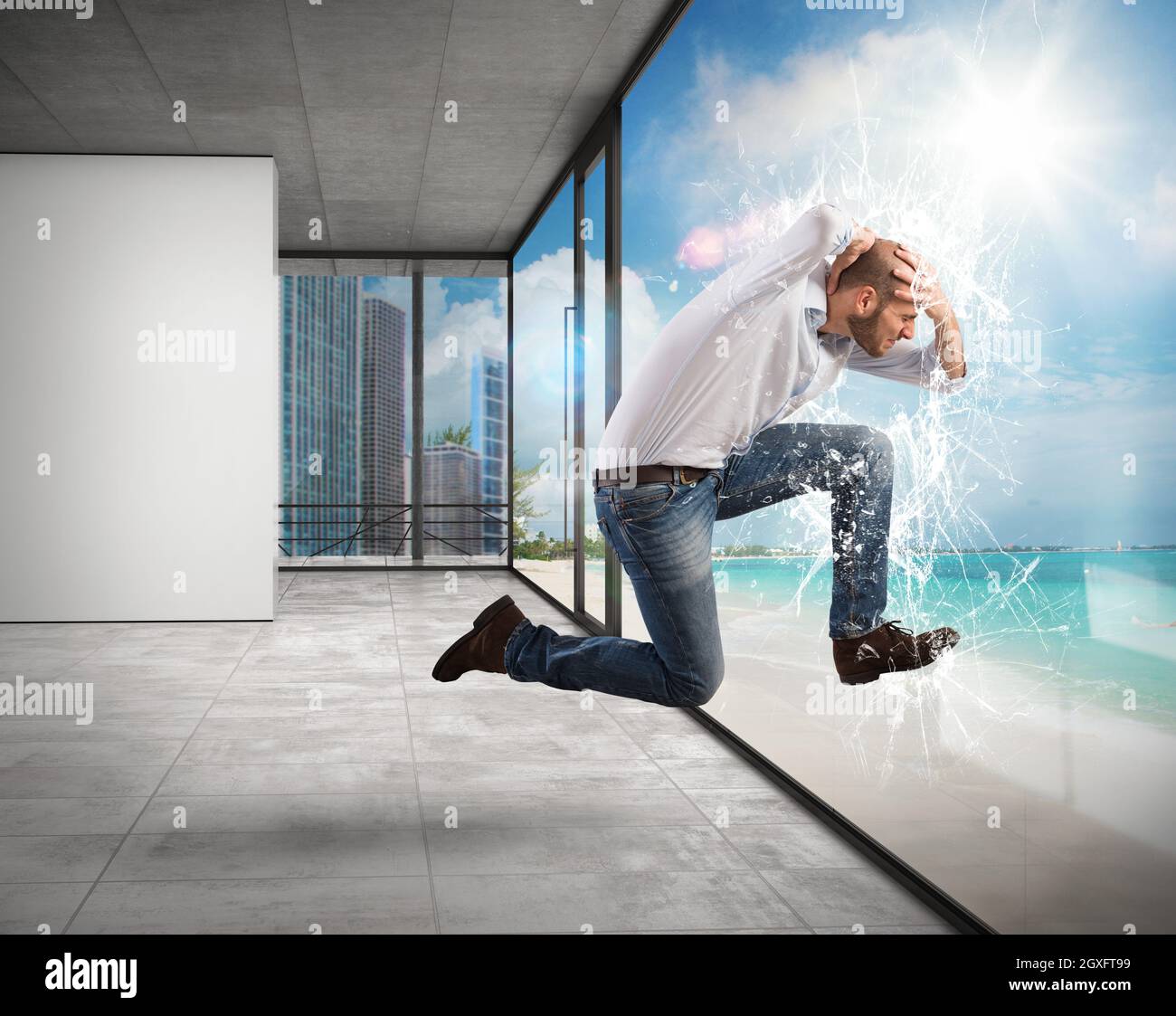 Man breaks a window of an office Stock Photo - Alamy