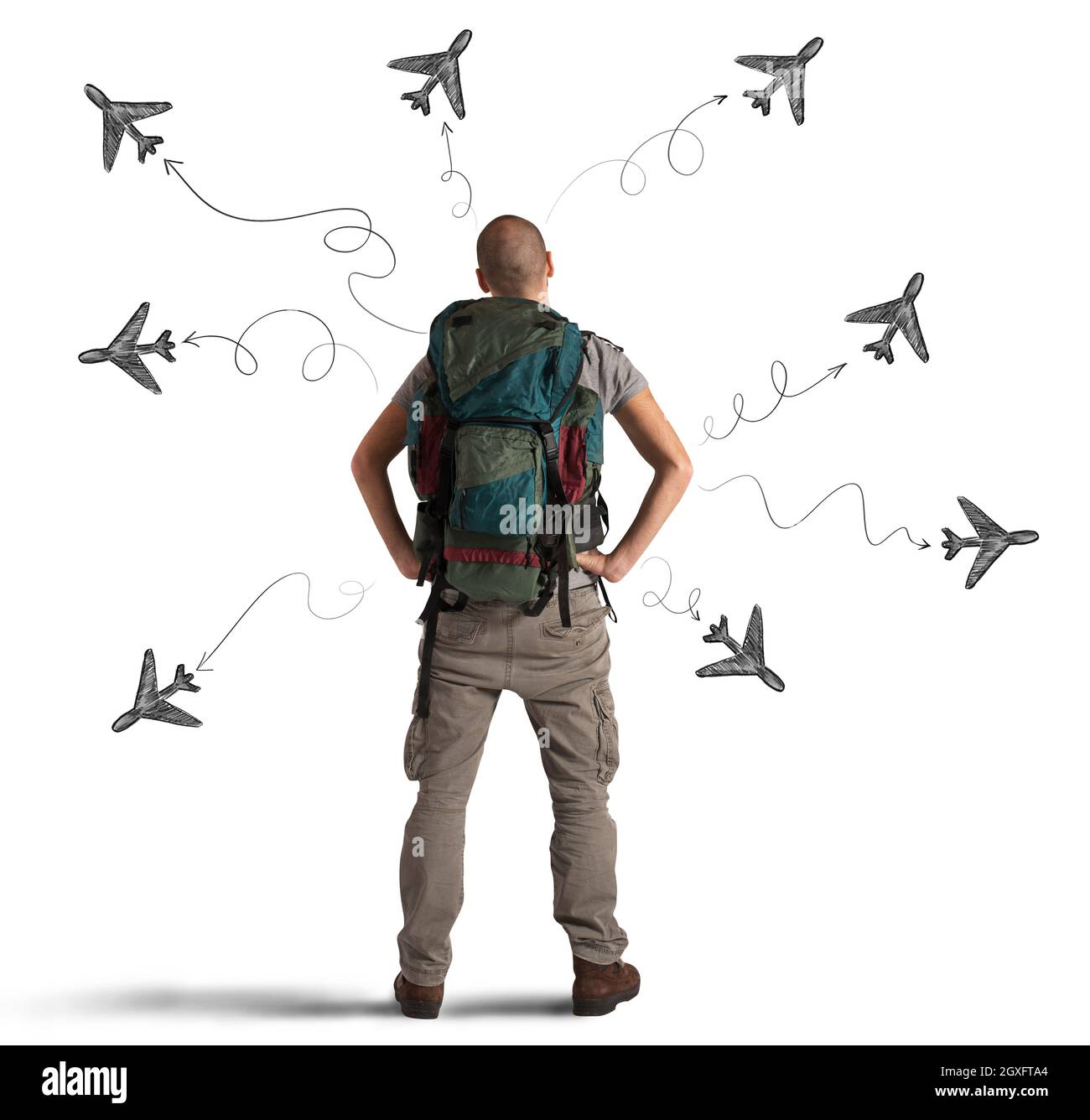 Man explorer with planes drawn around him Stock Photo - Alamy