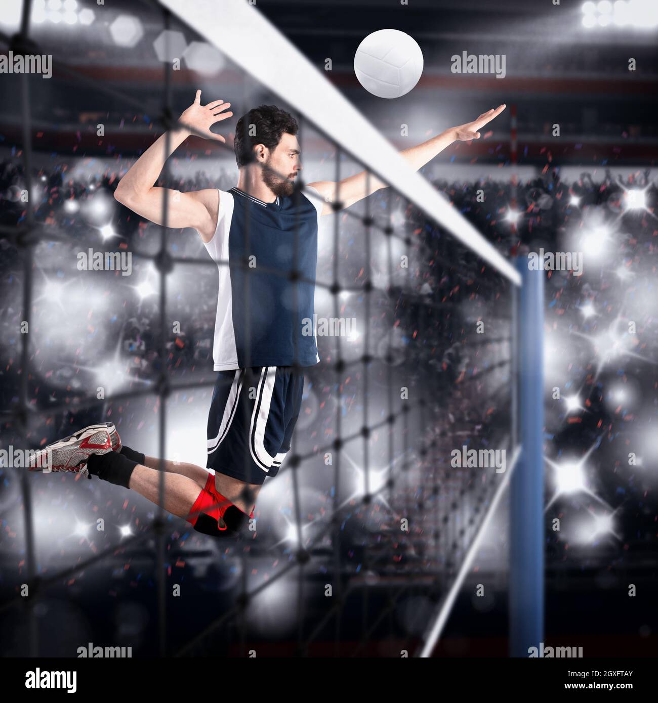 Volleyball man player hits the ball jumping Stock Photo - Alamy