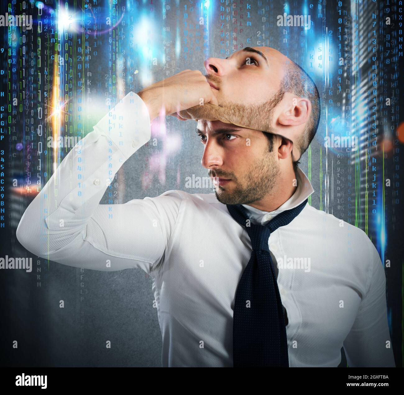 Man takes off mask of another face Stock Photo - Alamy