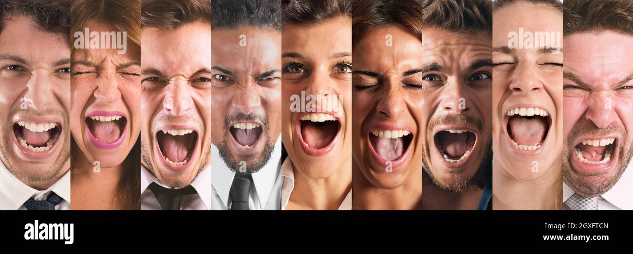 Banner faces of the desperate people screaming Stock Photo - Alamy