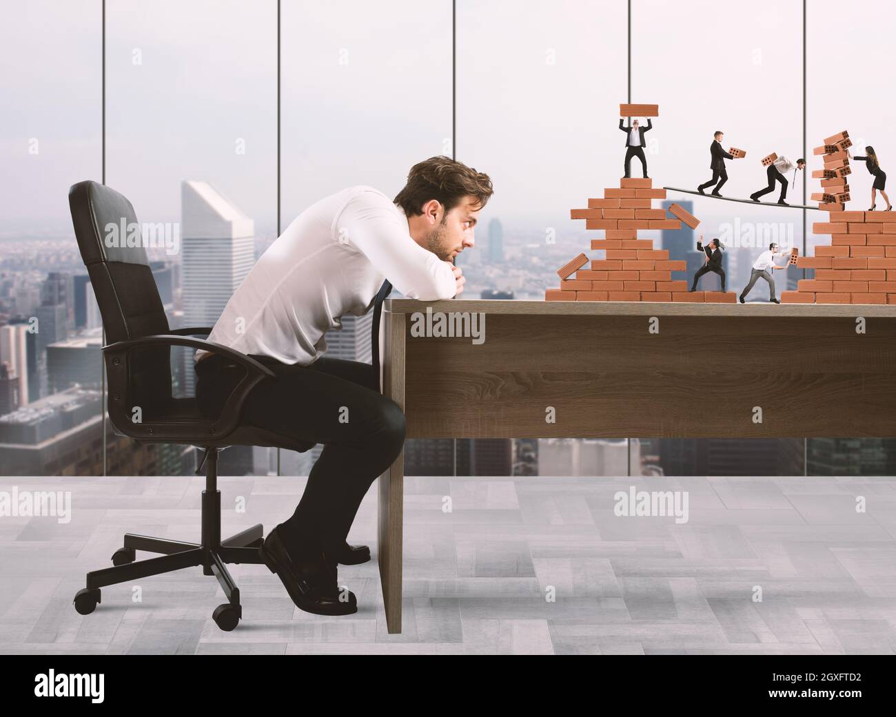 Businessman watches a teamwork of businesspeople work together to a ...