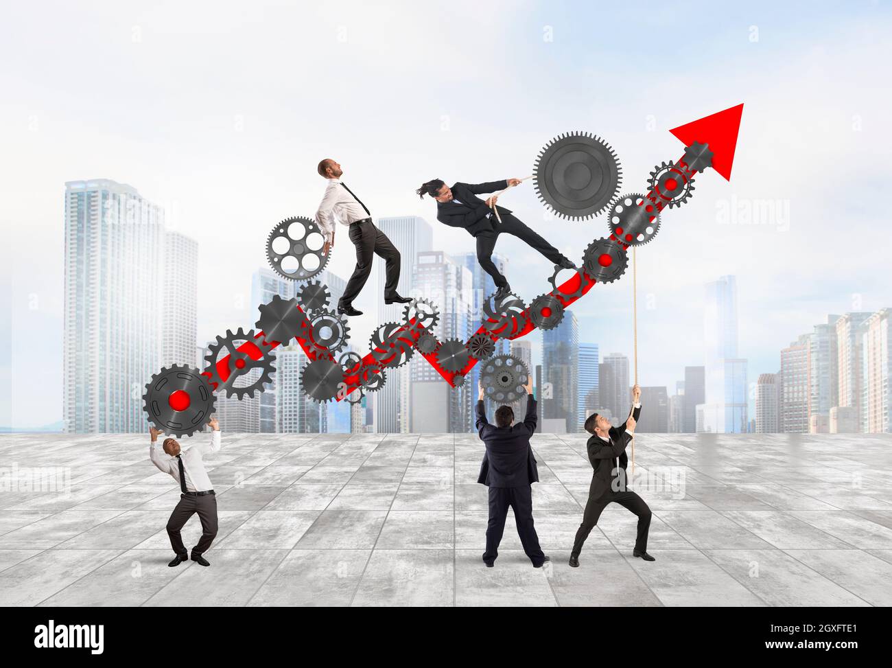 Teamwork build an arrow upwards with gears mechanism Stock Photo - Alamy