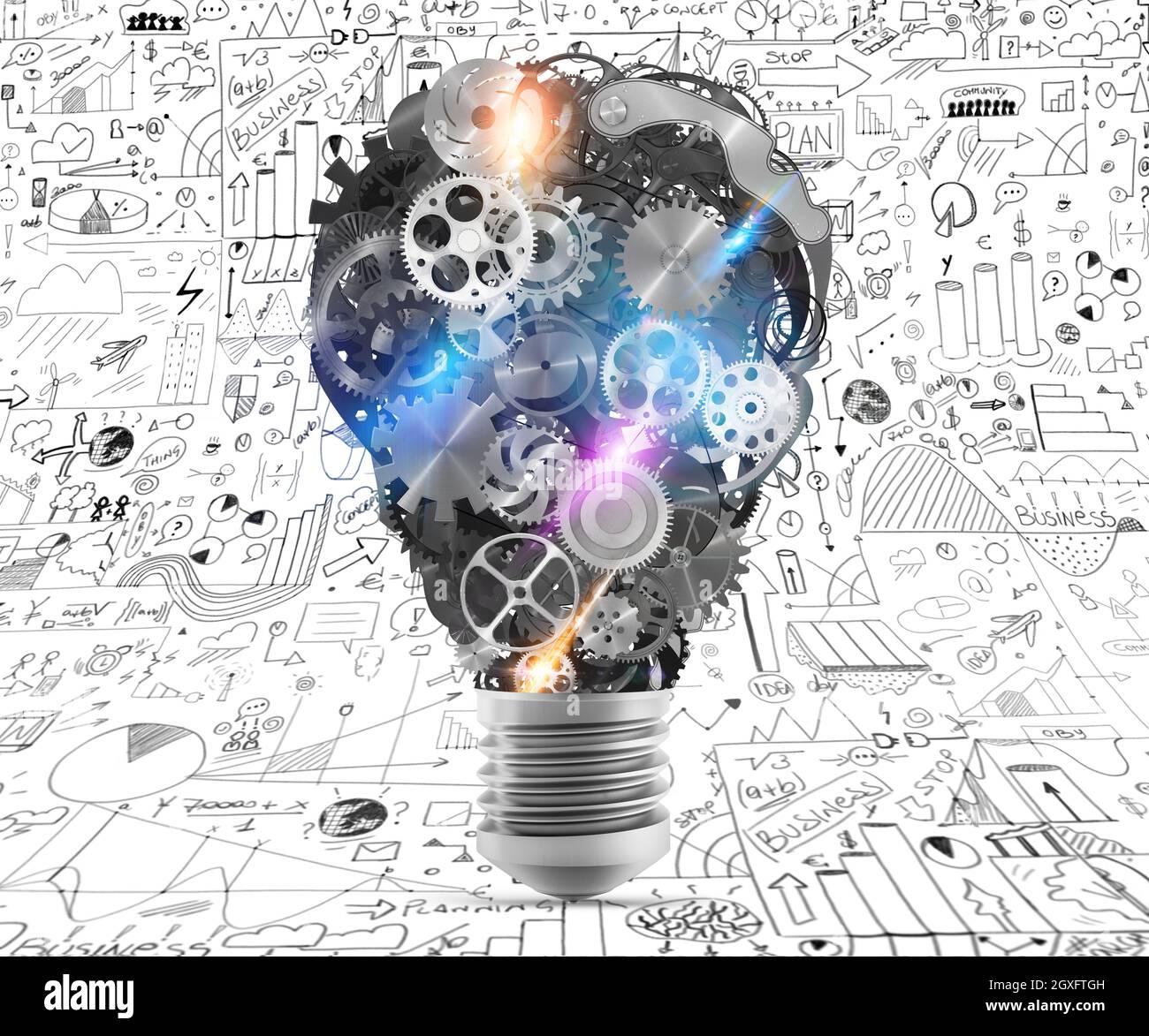 Big bulb light with mechanisms and gears. Concept of a big creative ...