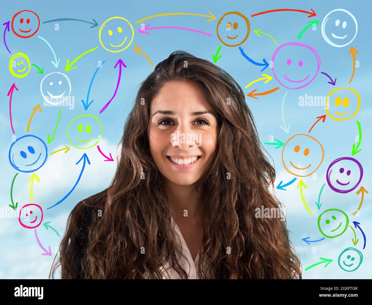 Girl with smiling face with background smilies connected to each other ...