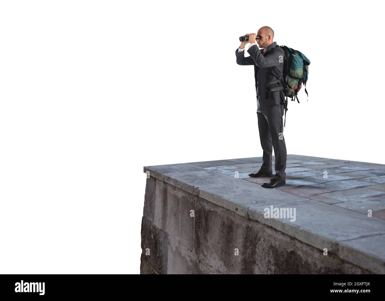 Businessman with backpack and binoculars watching from above Stock ...