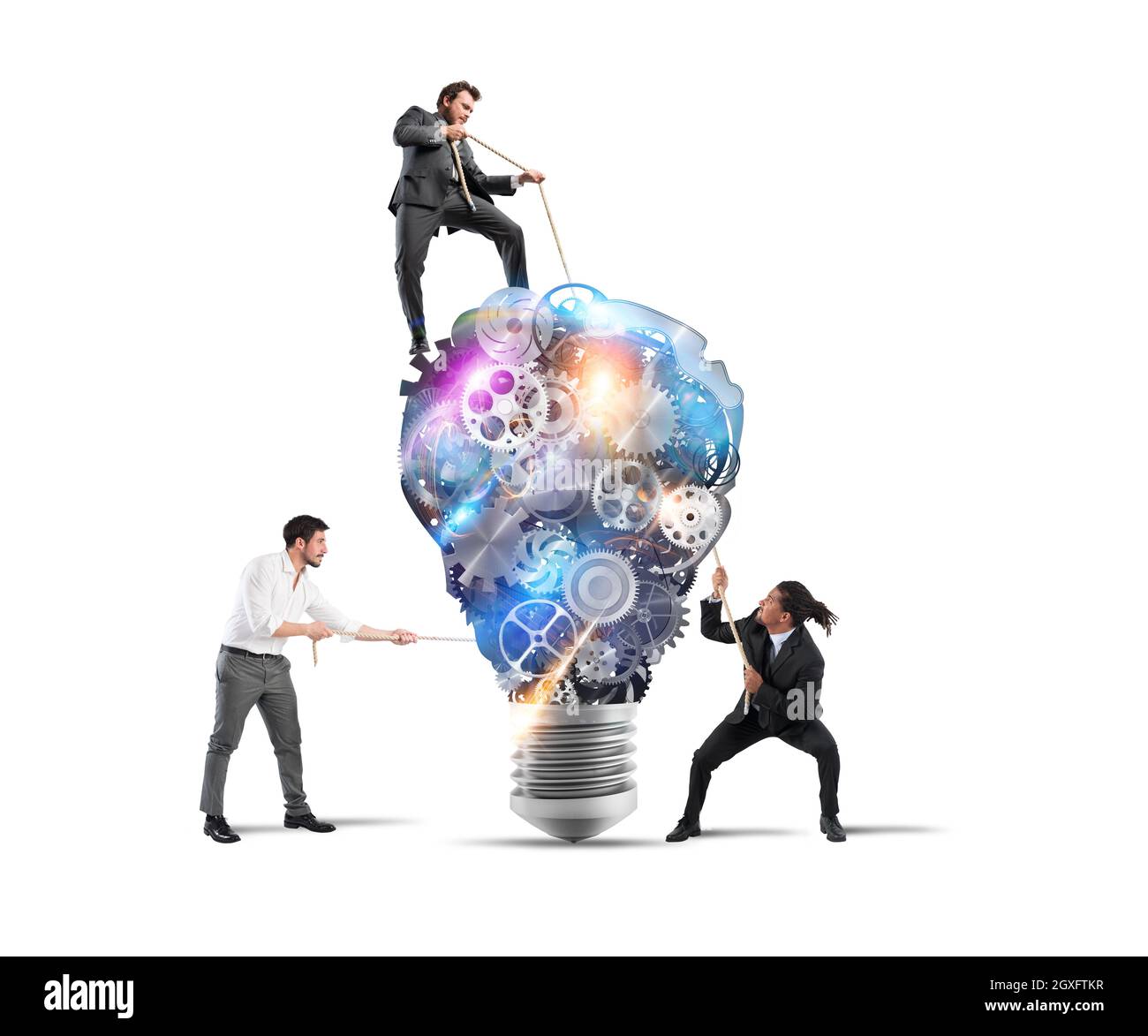 Teamwork of businesspeople work together to a lightbulb system of gears ...