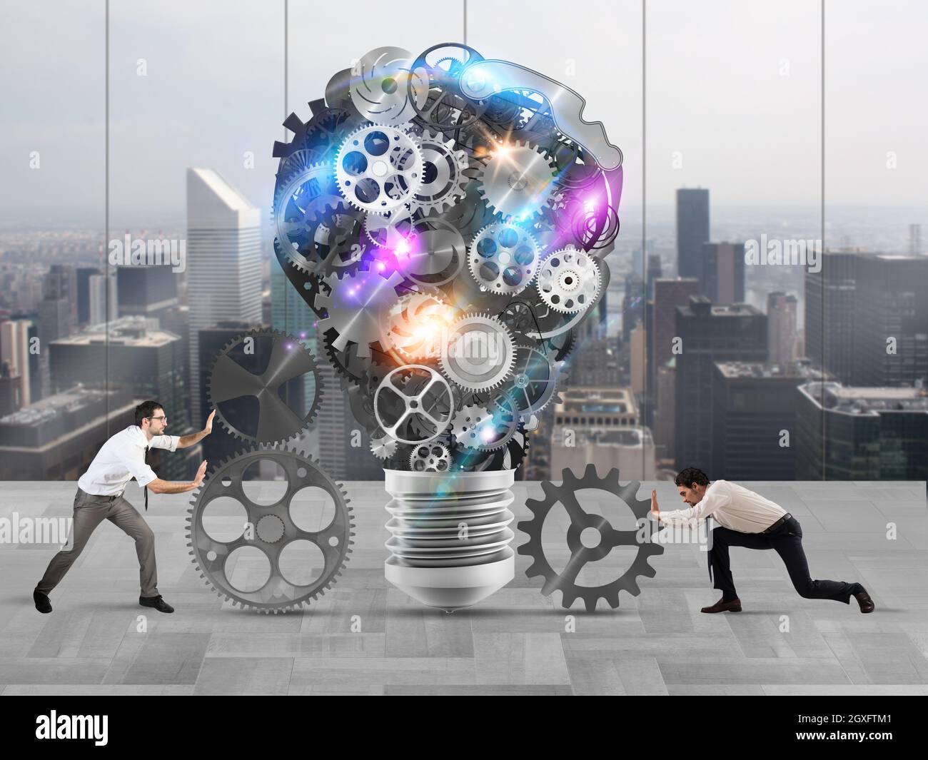 Business team push gears towards a great light bulb. build an idea ...