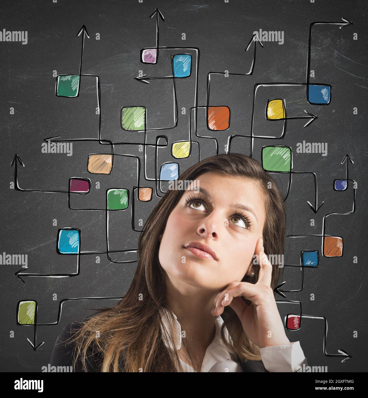 Businesswoman think with the maze of arrow Stock Photo - Alamy