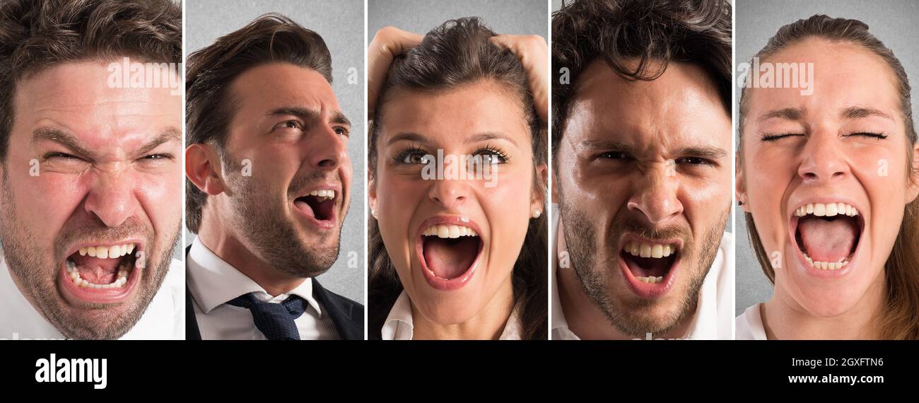Banner faces of the desperate people screaming Stock Photo - Alamy