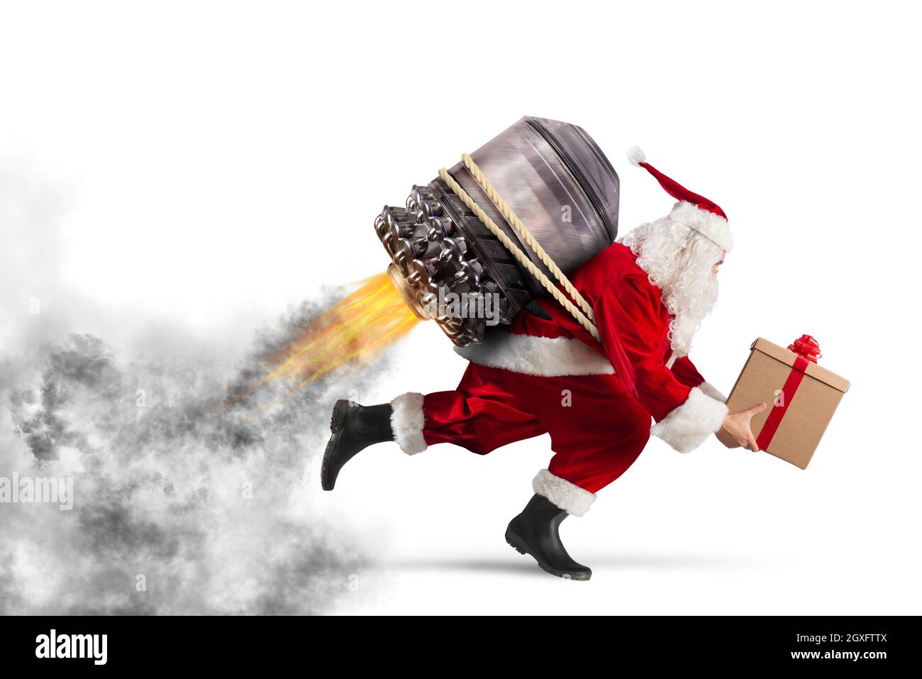 Santa Claus with gift box flies with a missile Stock Photo - Alamy