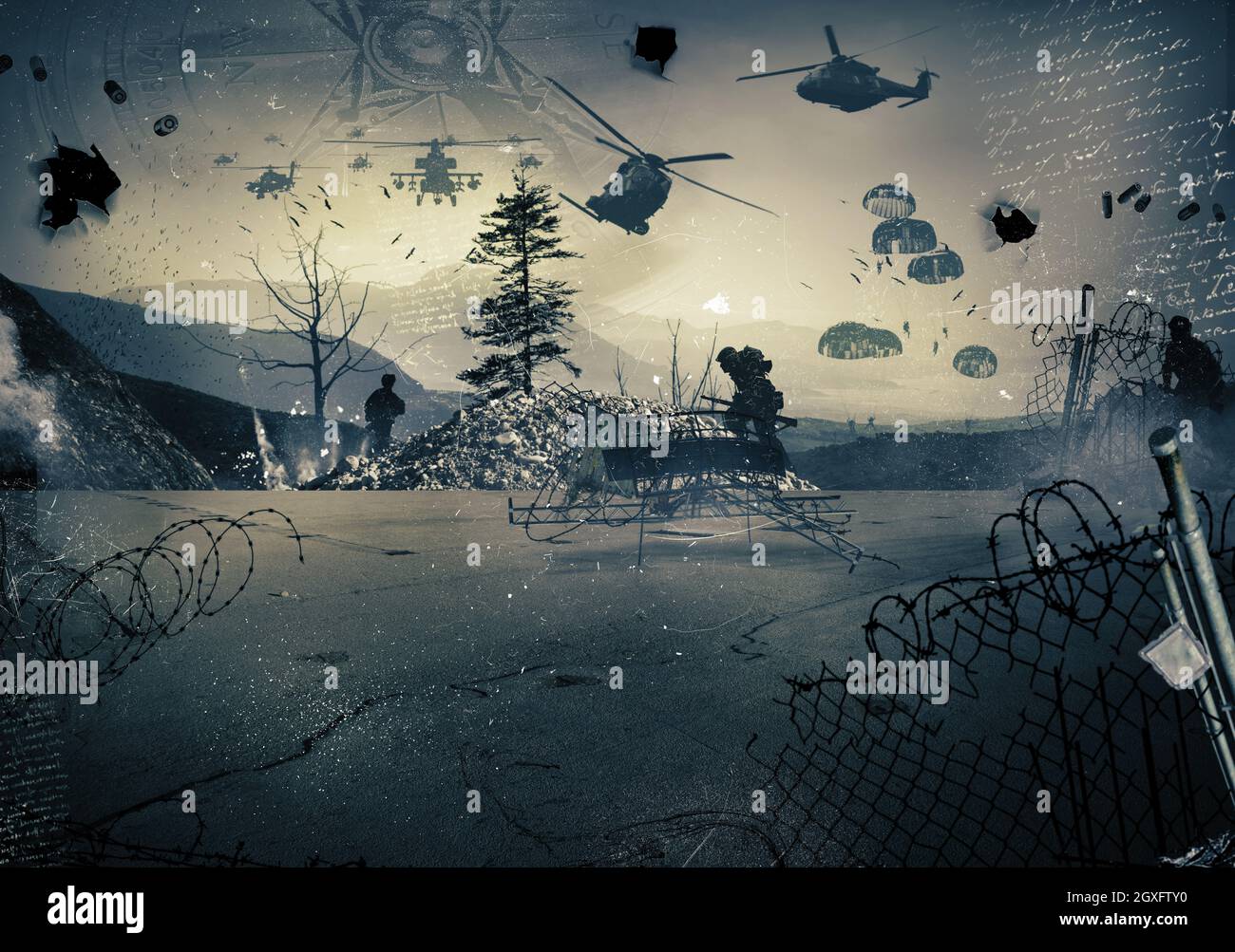 Background of a landscape at war with military helicopters in the sky ...