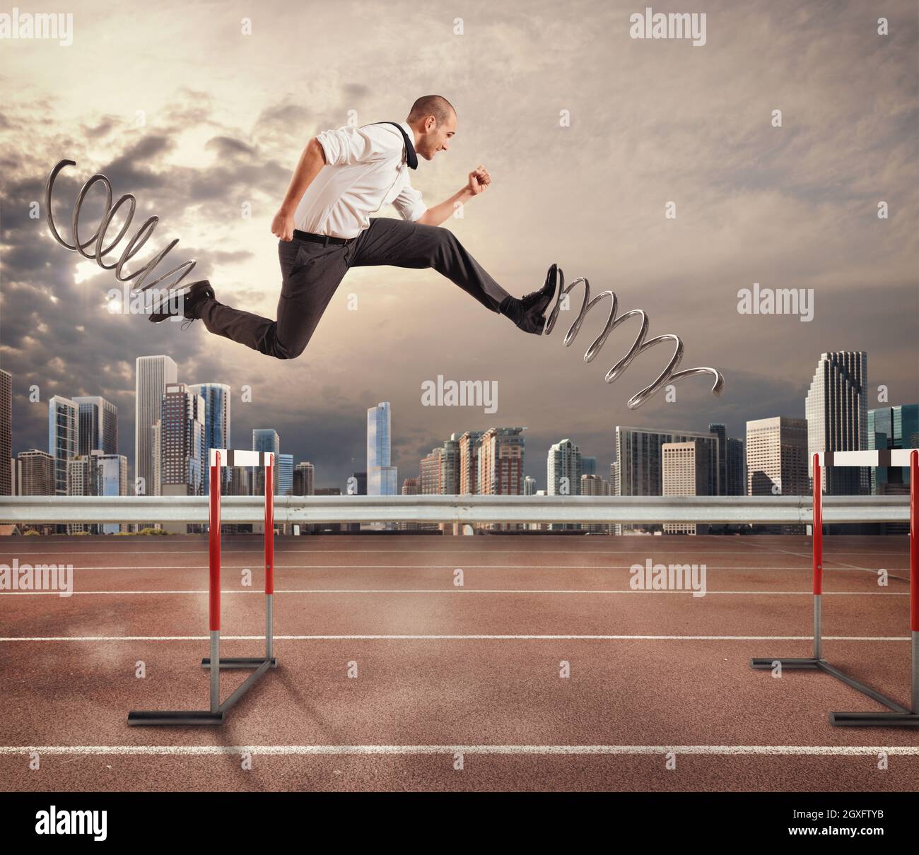 Businessman running fast with the big springs during a race with ...