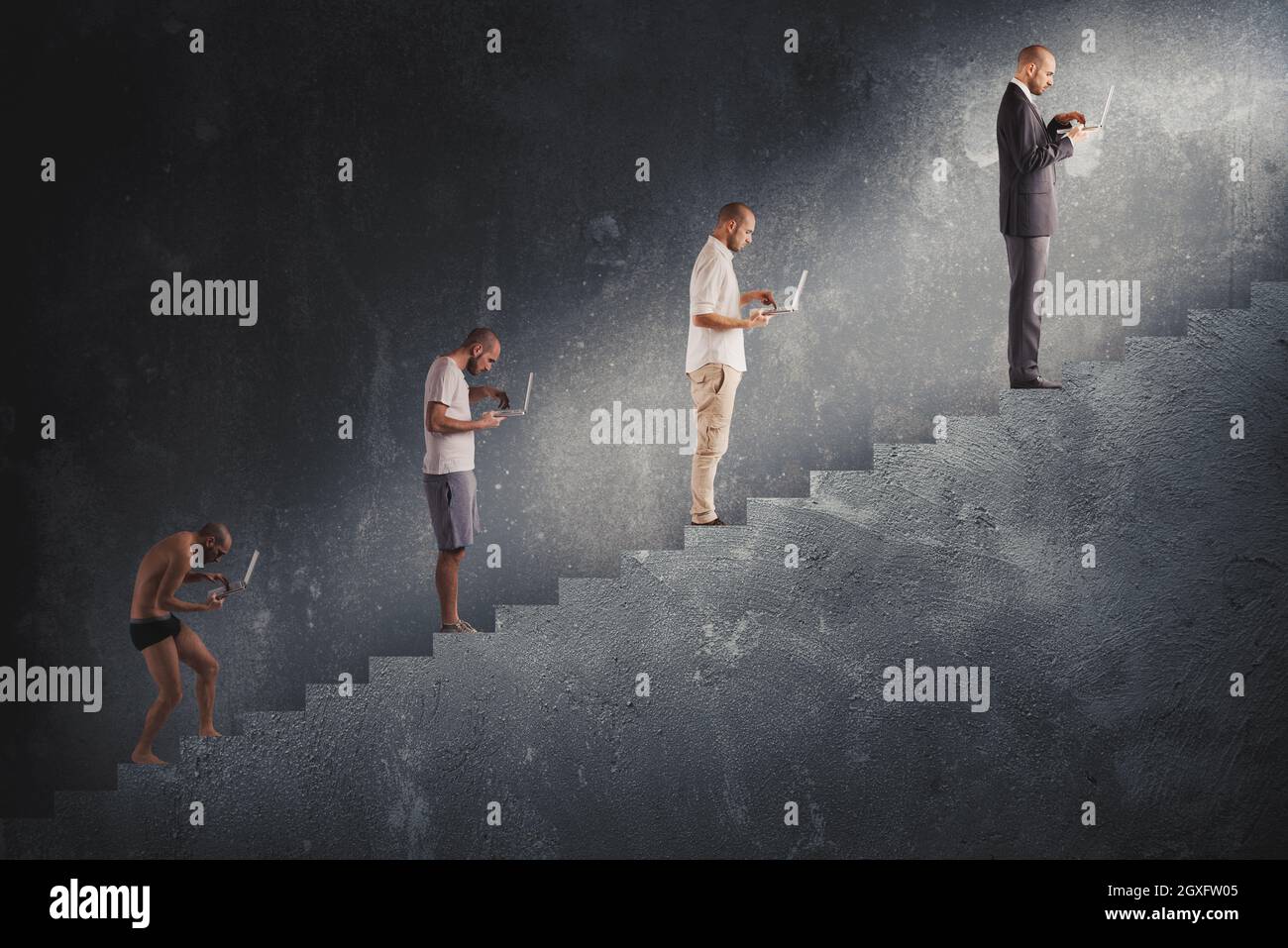 Evolution from hunched man to successful man in a staircase Stock Photo ...