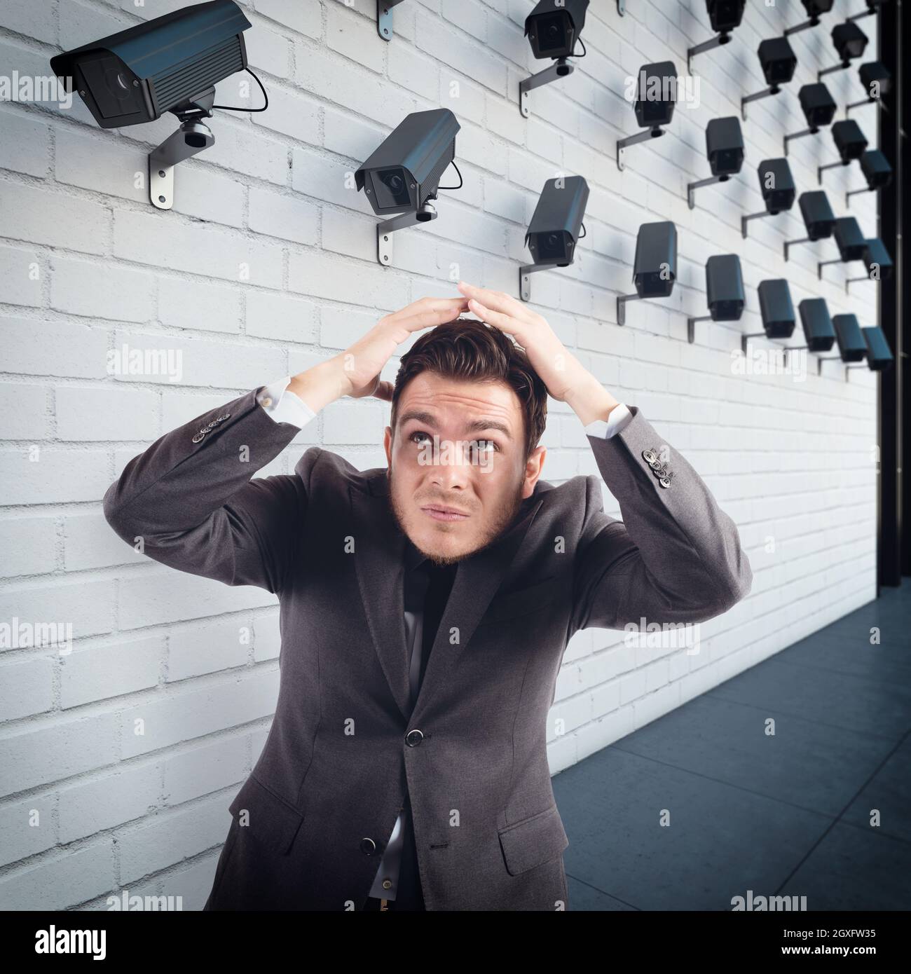 Afraid man with cameras pointed at him. 3D Rendering Stock Photo - Alamy