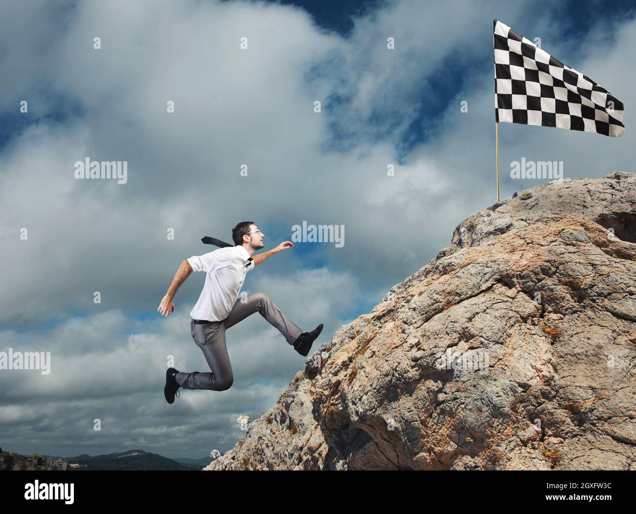 Businessman climbs a mountain to get to the flag. Achievement business ...