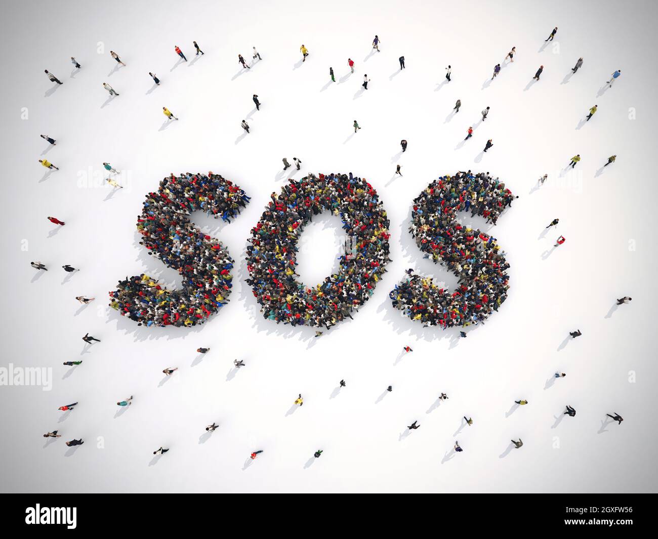 3D Rendering crowd of people united forming the word sos . 3D Rendering ...