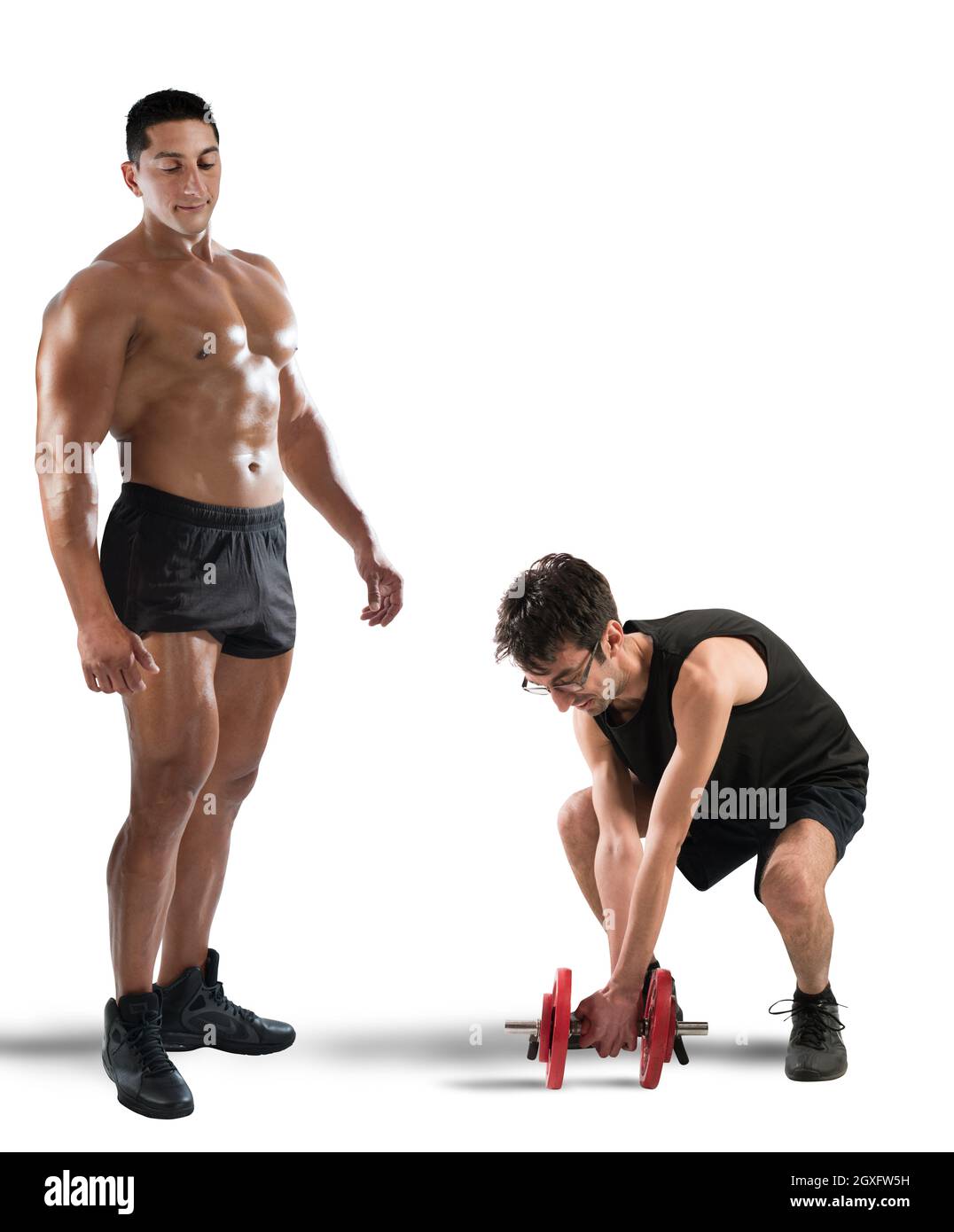 Instructor teases an awkward and skinny boy Stock Photo - Alamy