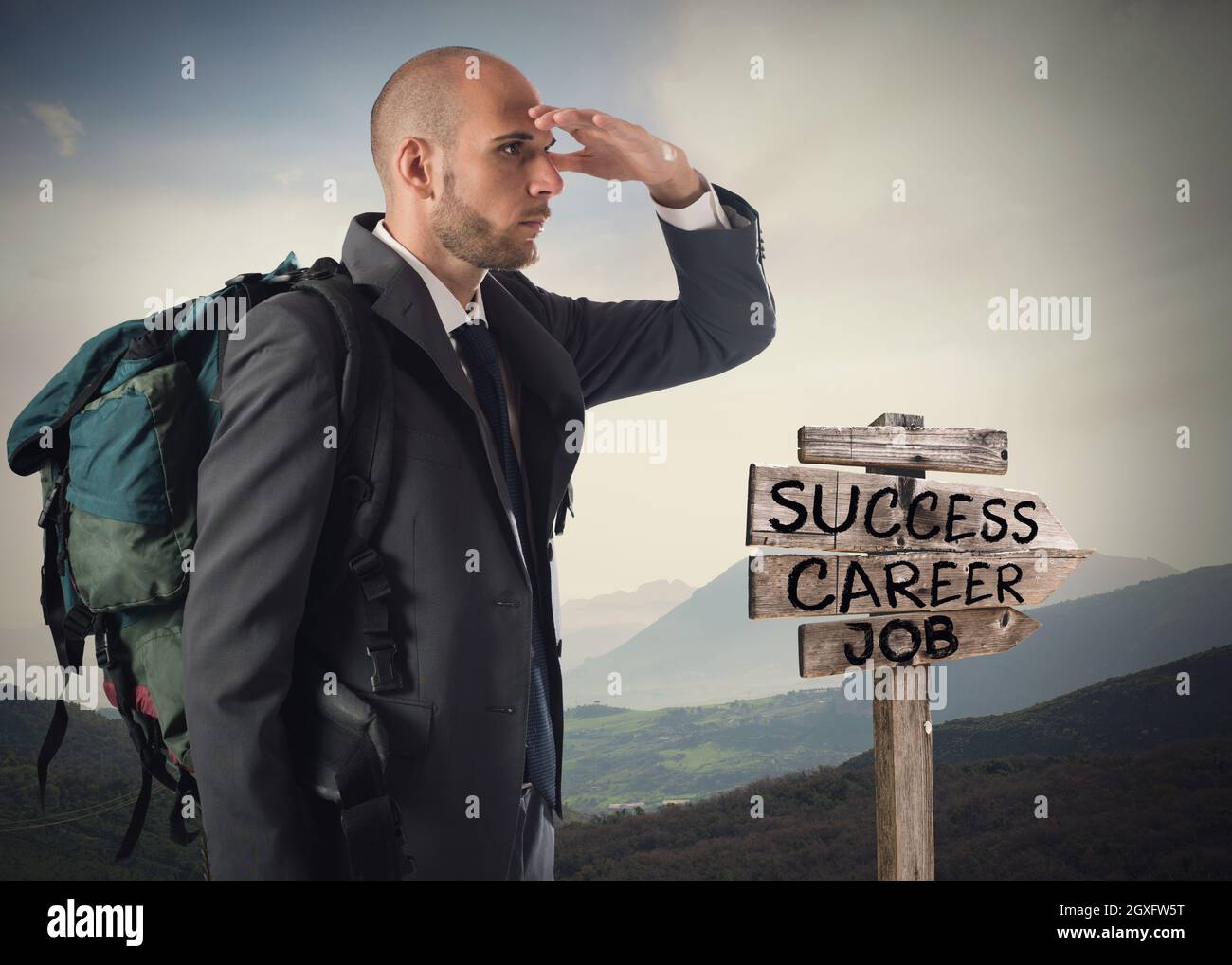 Businessman with explorer backpack follows the directional arrows Stock ...