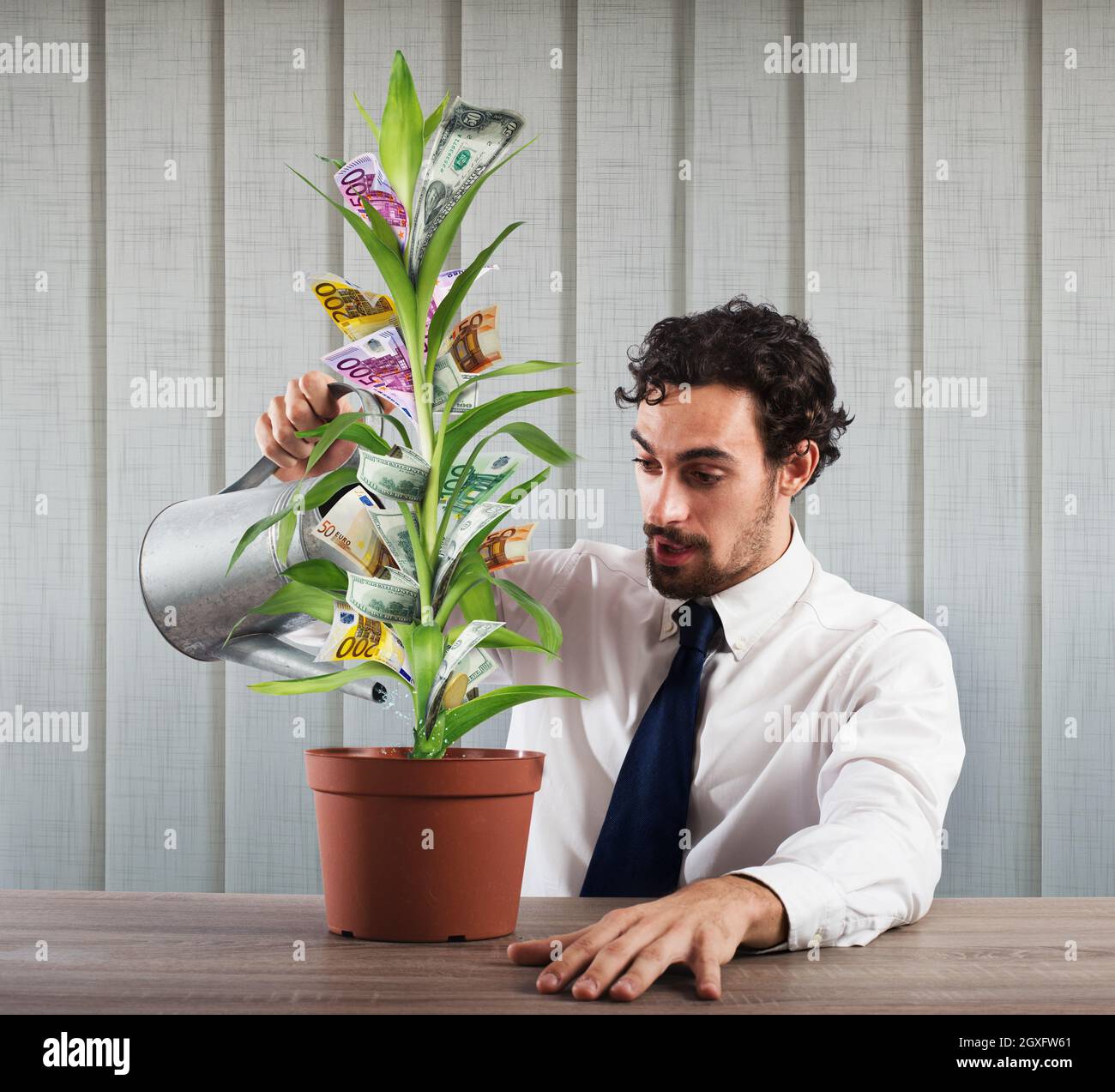 Businessman watering money coins as if they were plants Stock Photo - Alamy