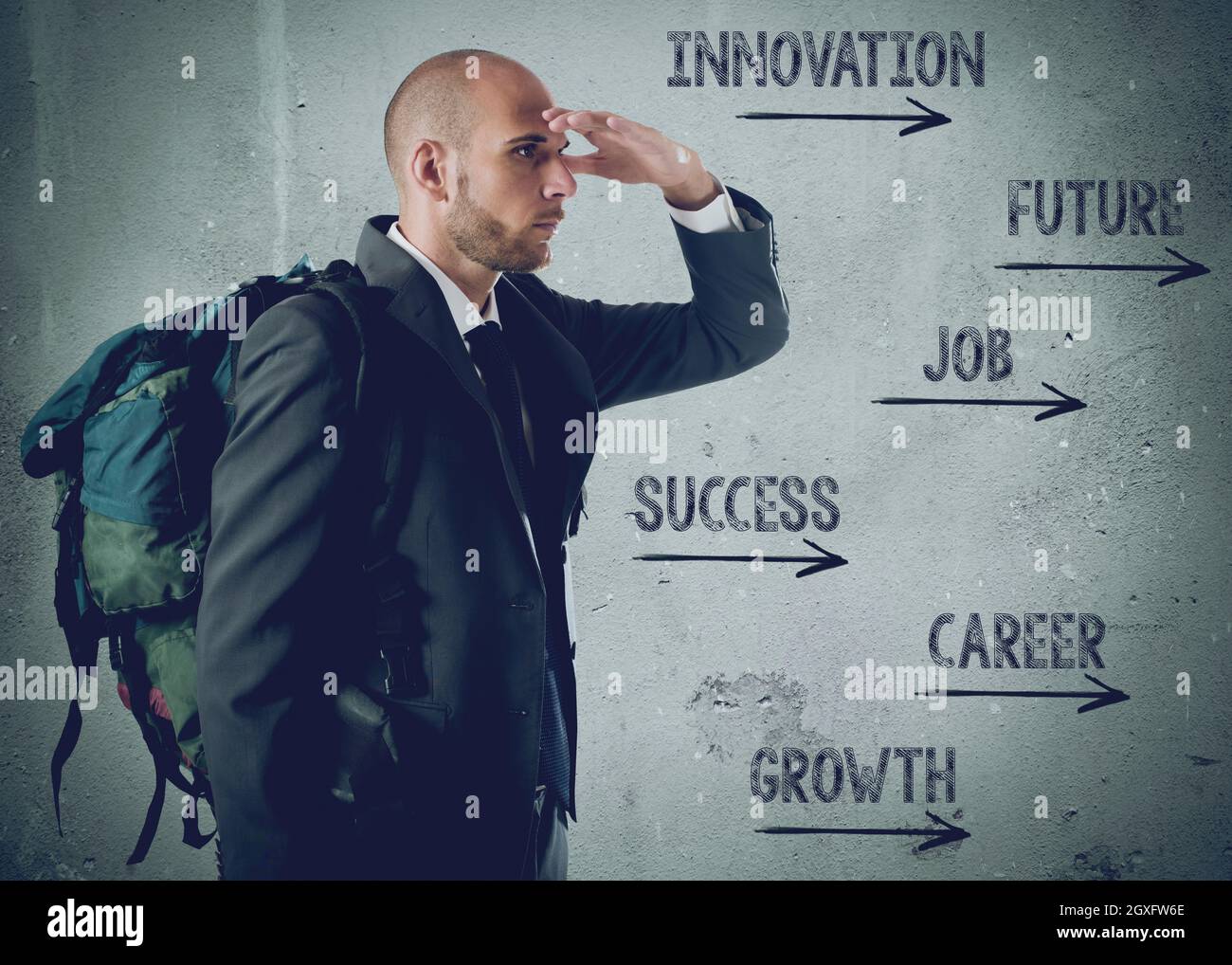 Businessman with explorer backpack follows the directional arrows Stock ...