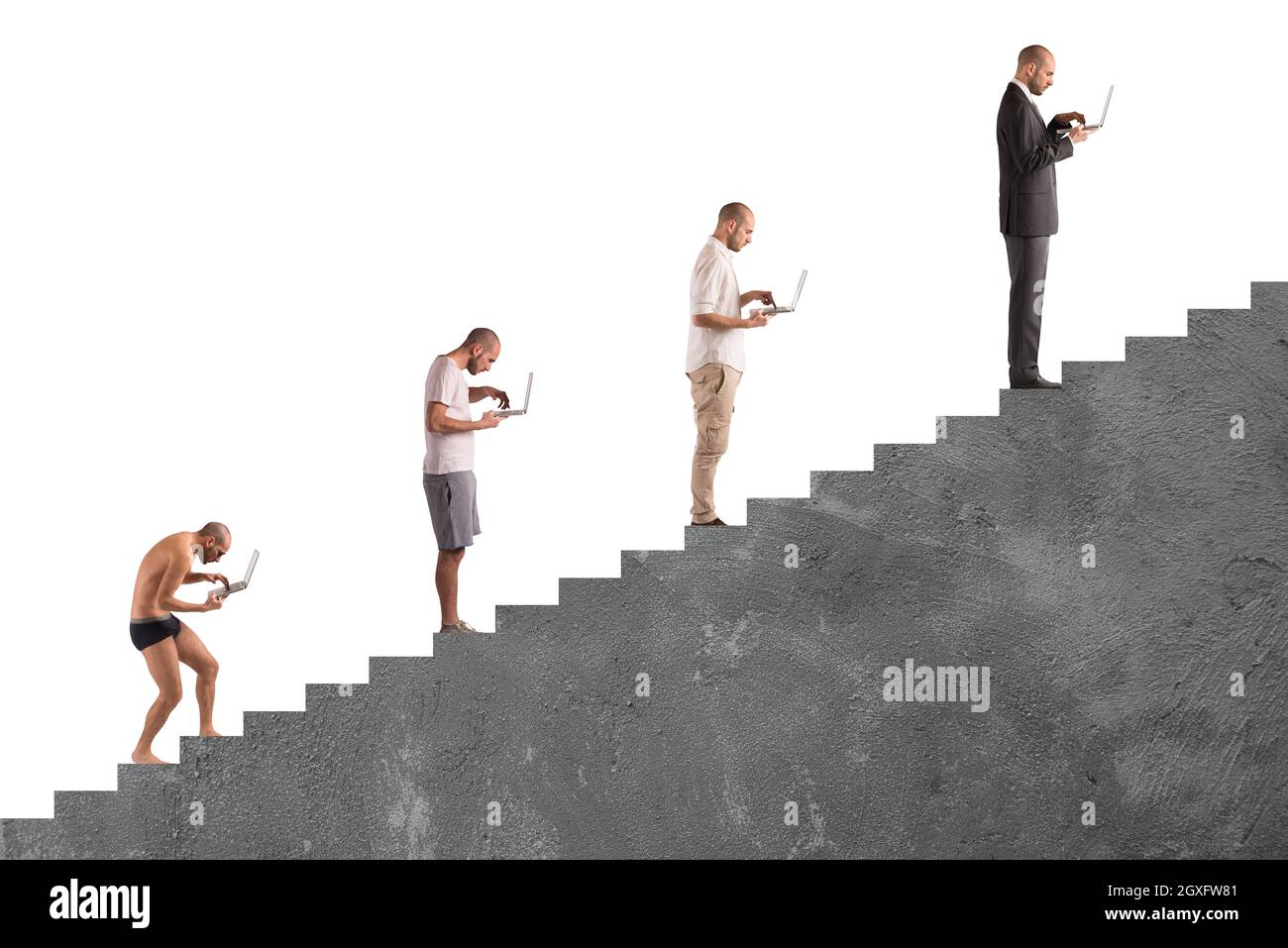 Evolution from hunched man to successful man in a staircase Stock Photo ...