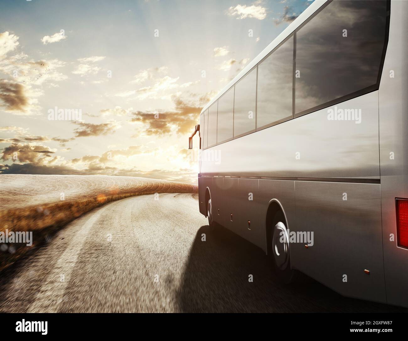 Bus driving on road with landscape background. 3D Rendering Stock Photo ...