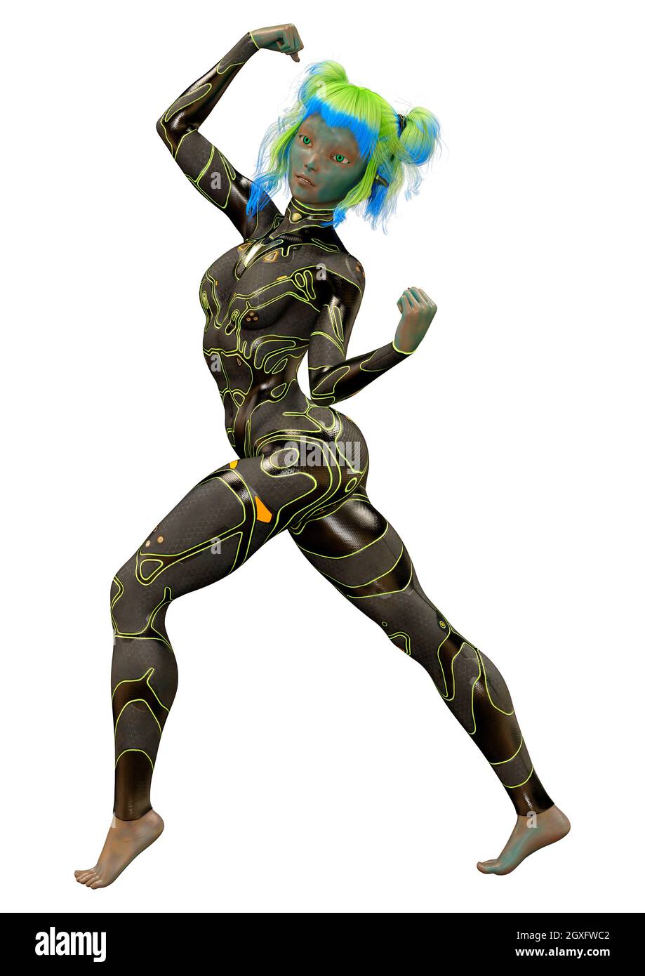 3D rendering of a green female teenager alien isolated on white ...