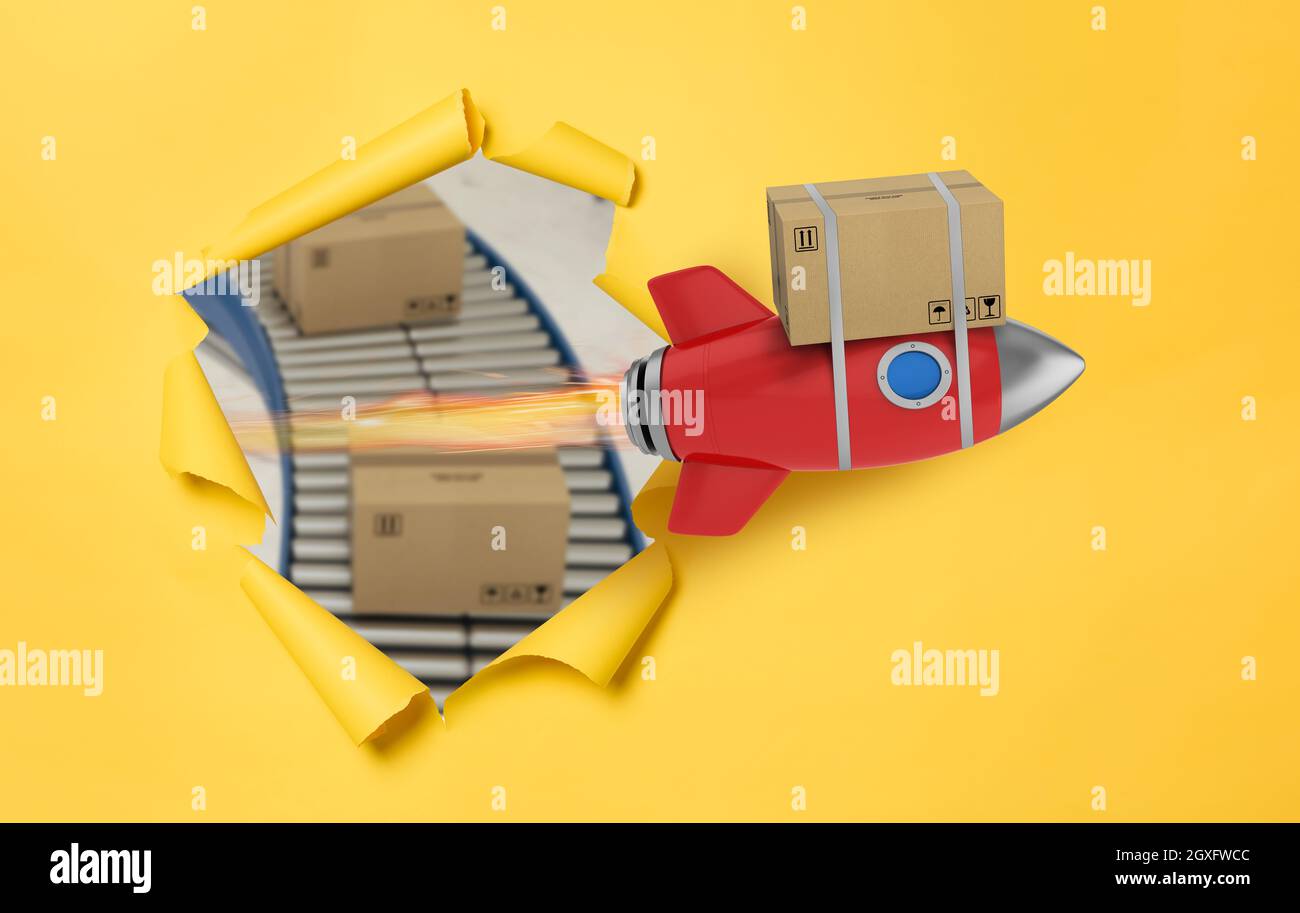Carton box flies fast with rocket. concept priority delivery Stock ...