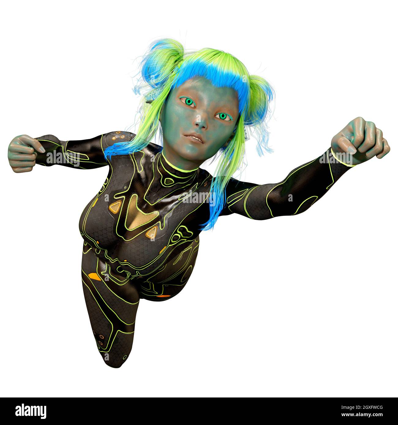3D rendering of a green female teenager alien isolated on white ...