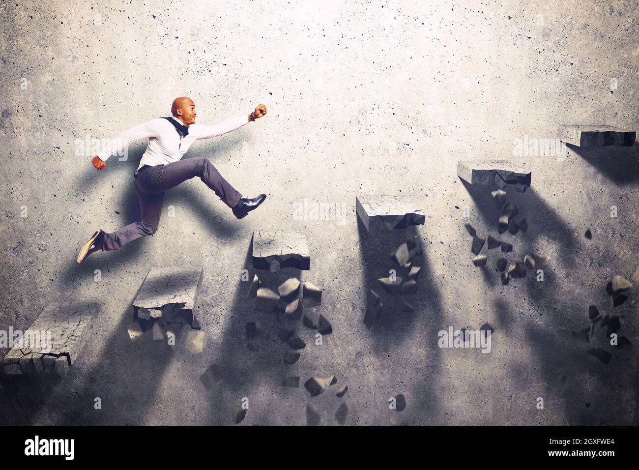 Man climbs the steps of collapsing ladder Stock Photo - Alamy