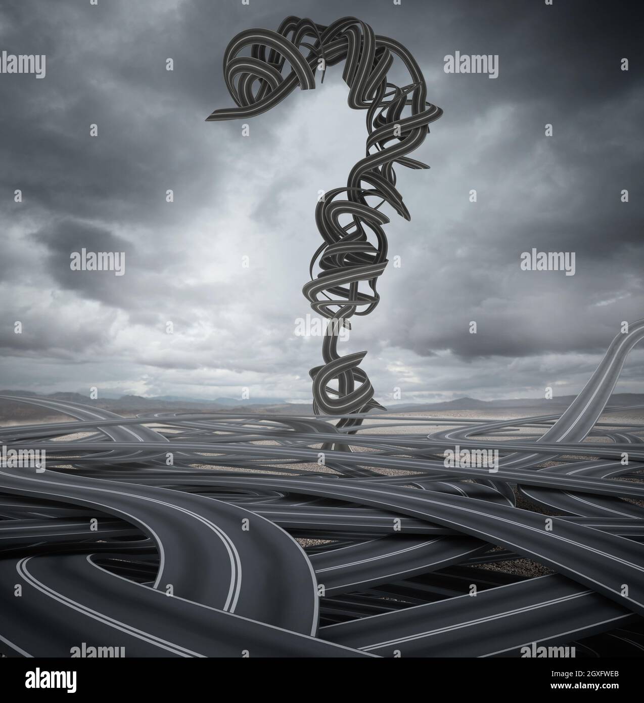 Asphalt question mark over many winding roads Stock Photo - Alamy