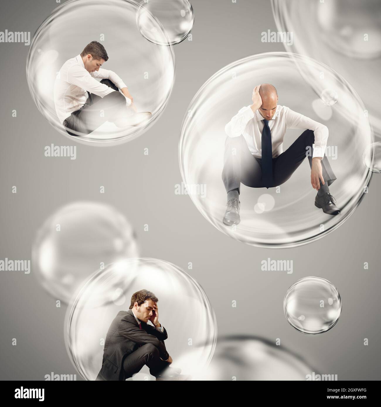 Sad businessmen flies in a bubbles. isolate themselves inside a bubbles ...
