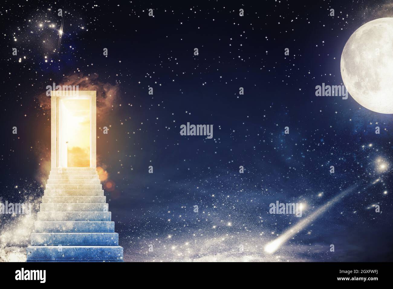 Door with sunlight on a starry sky with the moon and the stars Stock ...